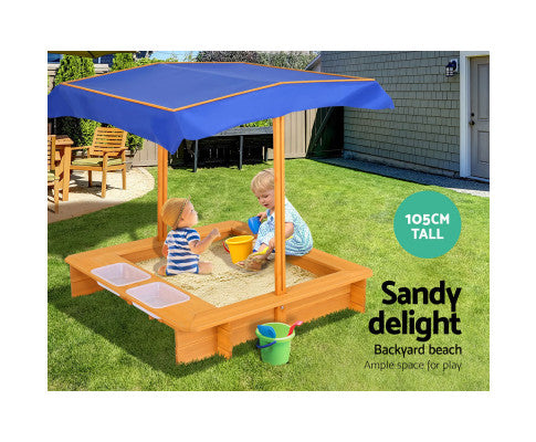 Keezi Kids Sandpit Wooden Sandbox Sand Pit with Canopy Water Basin Toy ...