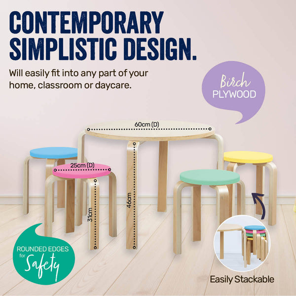 Home Master 5 Pieces Kids Wooden Table and Stools - Coloured Stools ...